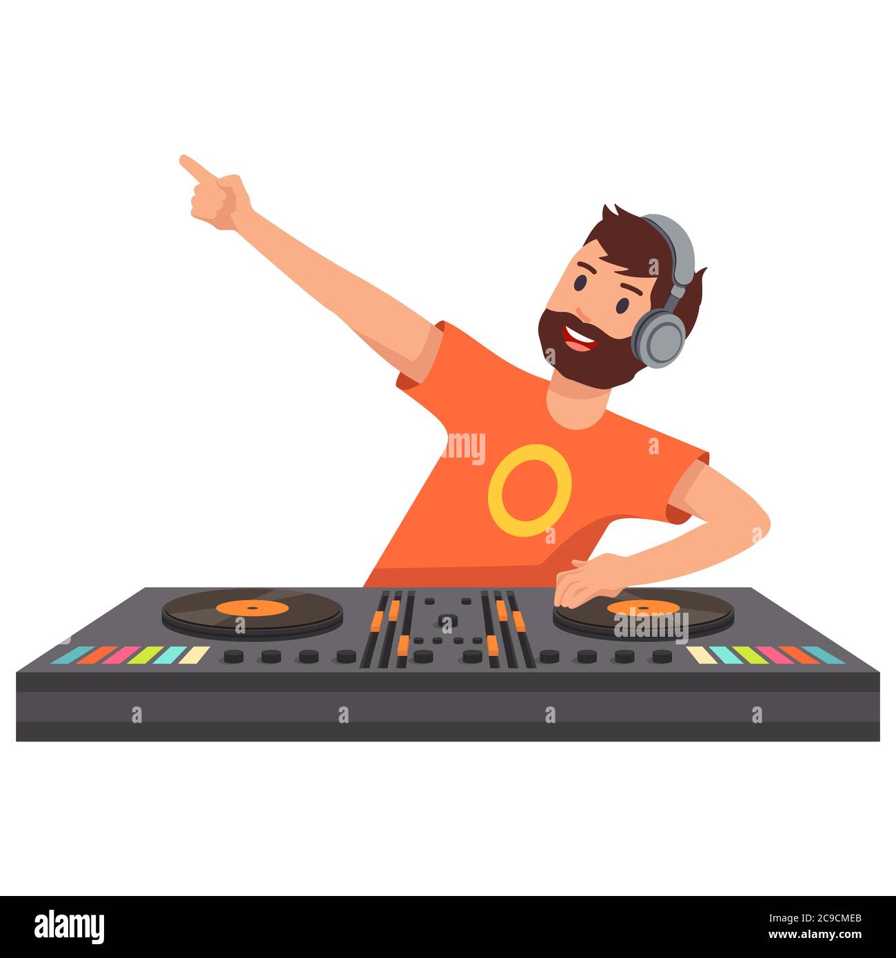 Happy DJ is having fun at the club, posing and leaning, playing music ...