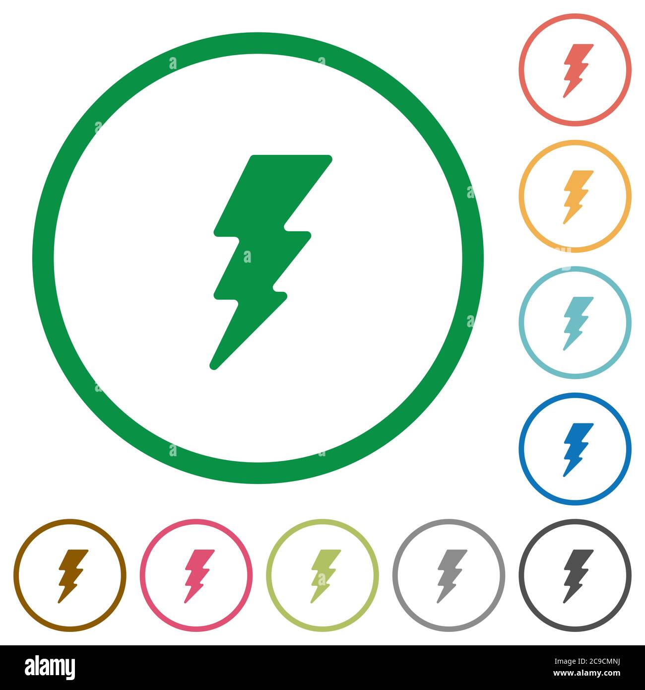 Lightning energy flat color icons in round outlines on white background ...