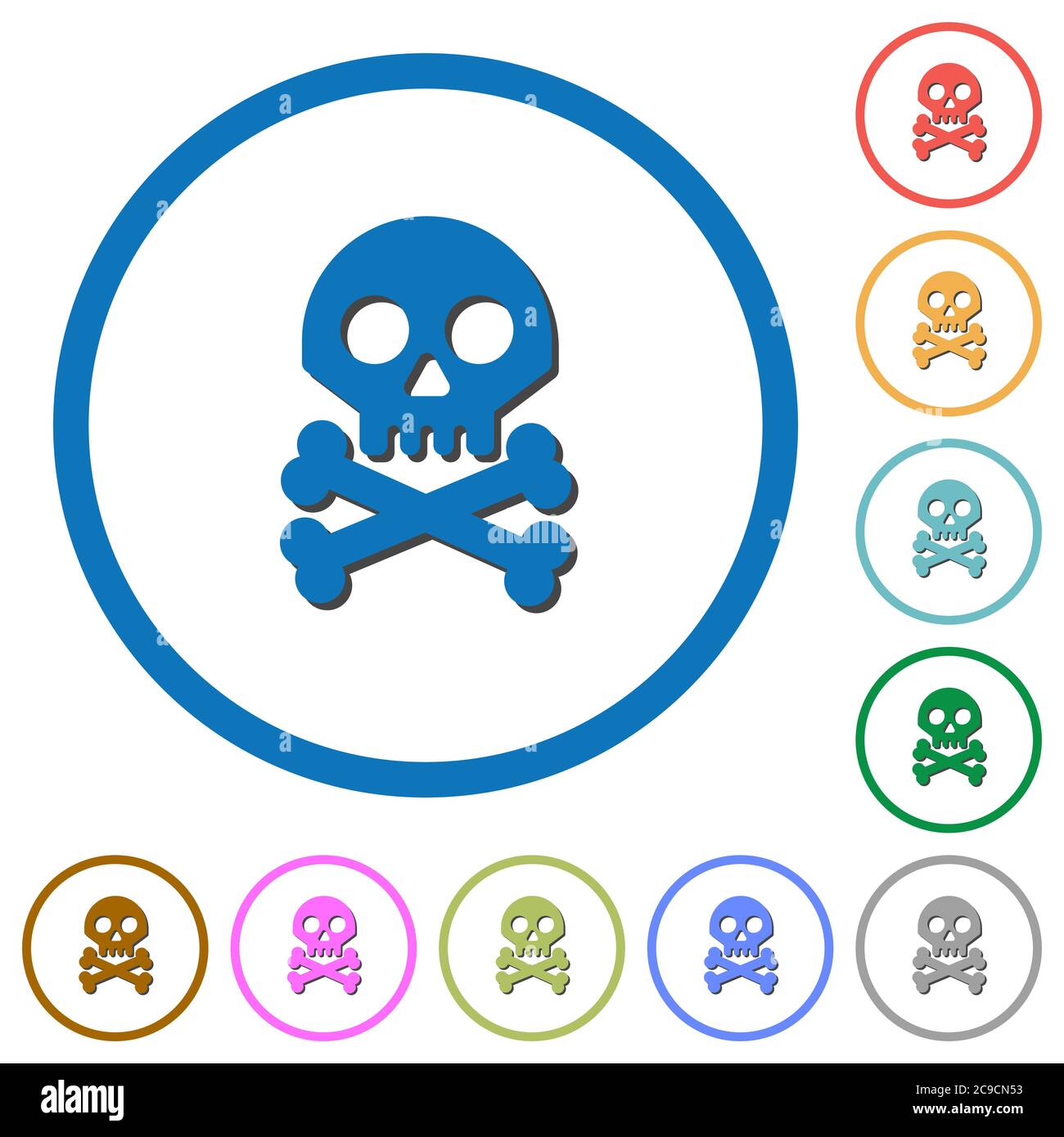 Skull with bones flat color vector icons with shadows in round outlines on white background ...