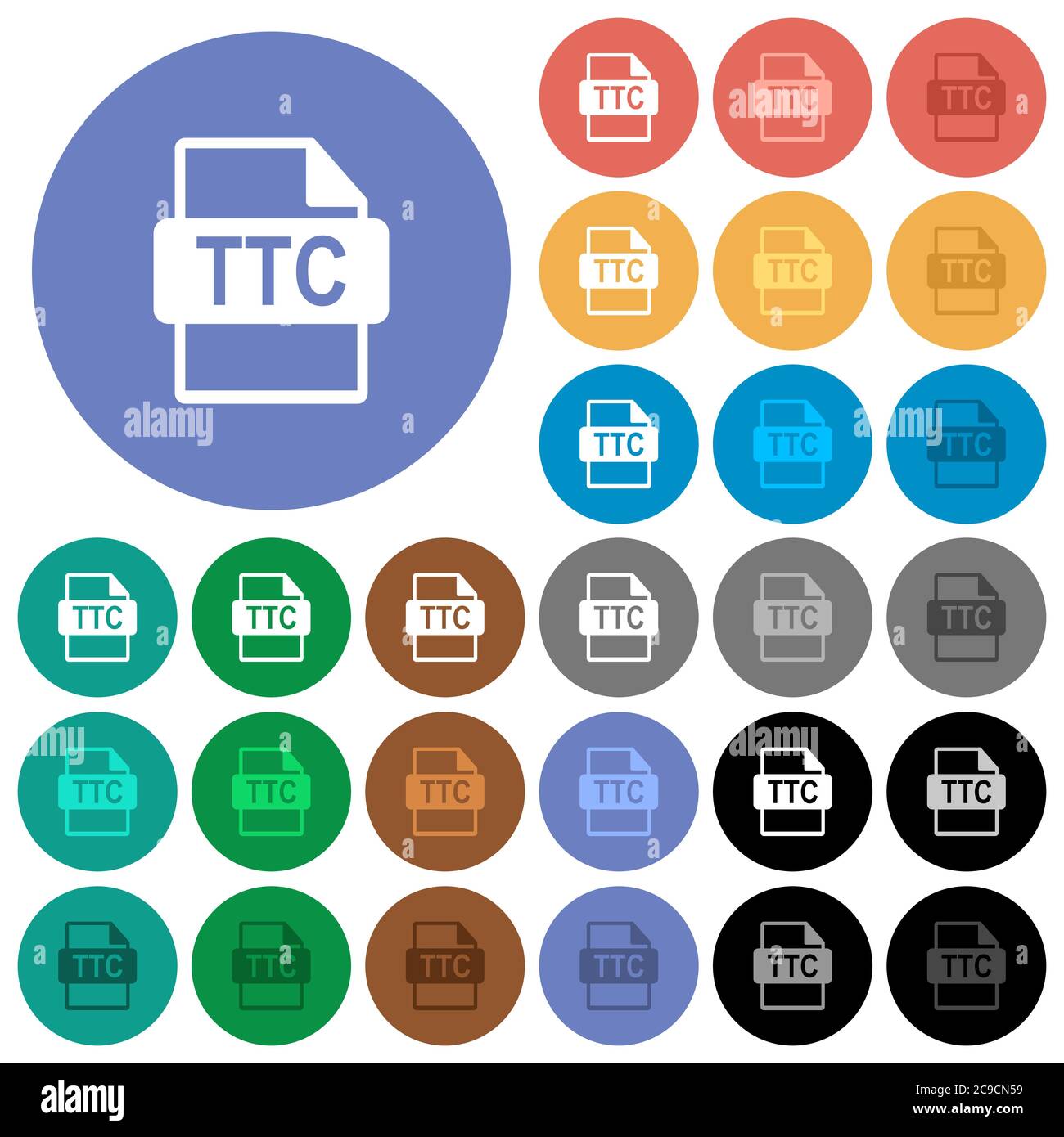 TTC file format multi colored flat icons on round backgrounds. Included ...