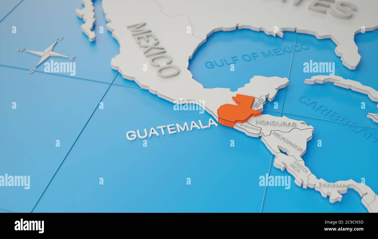 Guatemala highlighted on a white simplified 3D world map. Digital 3D ...