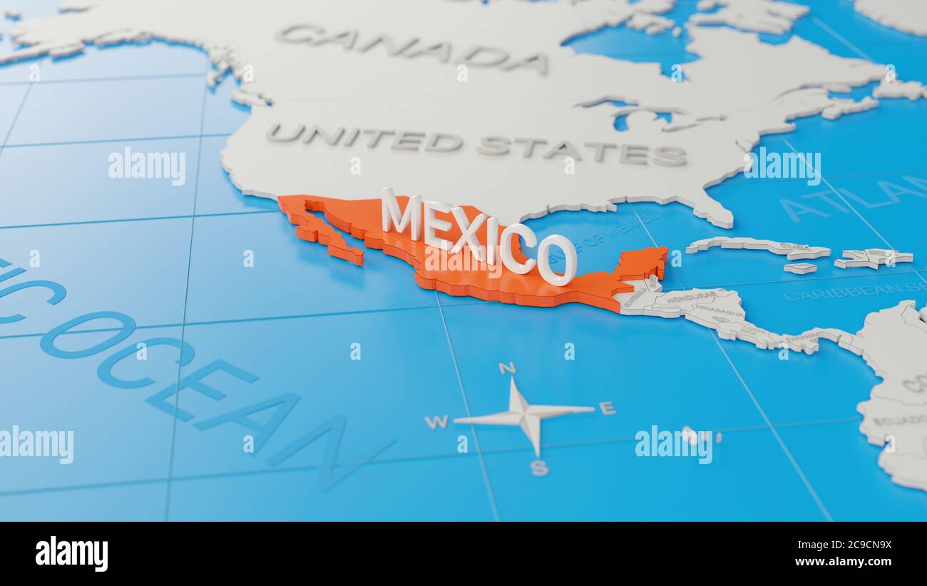 Mexico highlighted on a white simplified 3D world map. Digital 3D ...