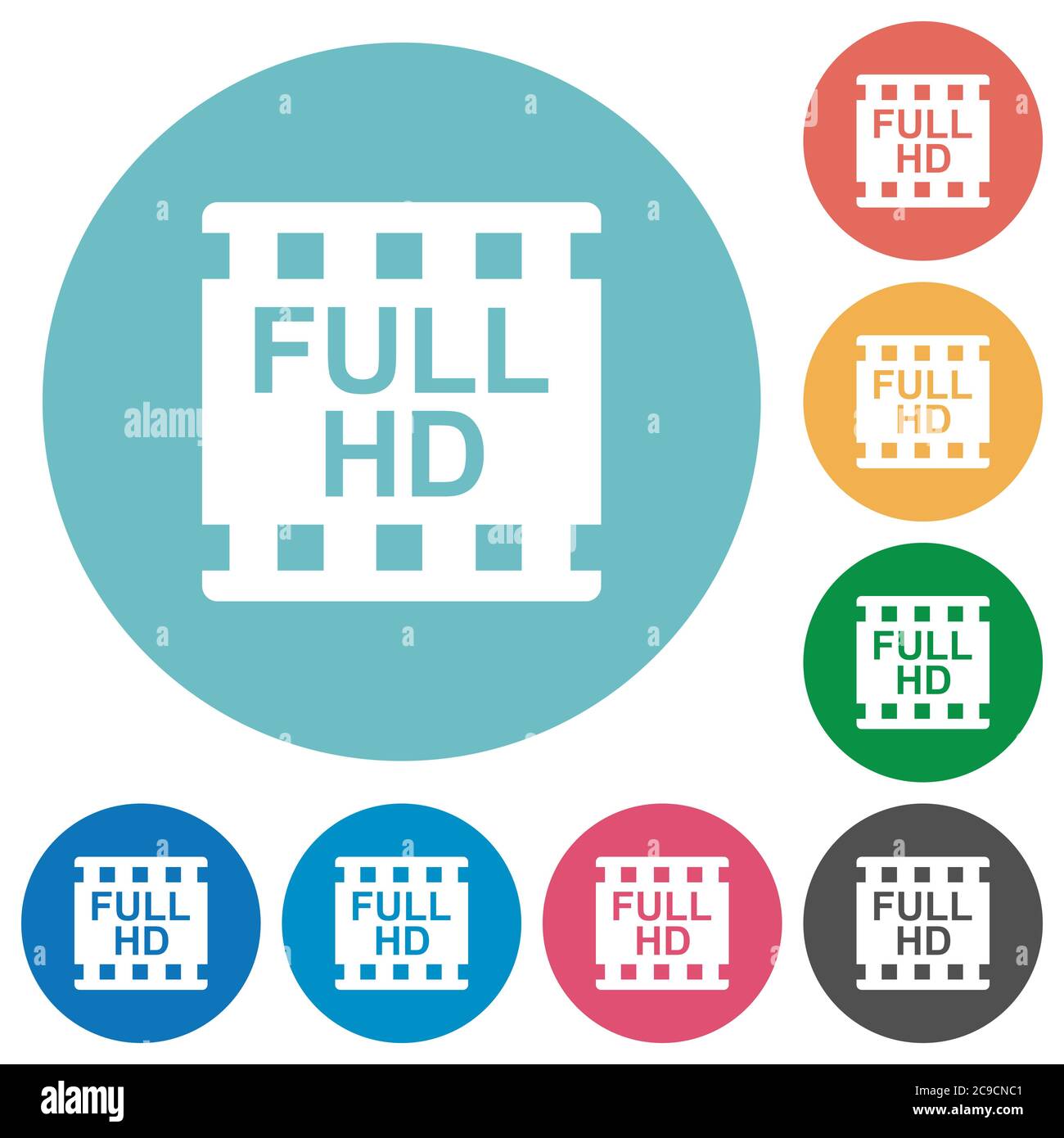 Full HD movie format flat white icons on round color backgrounds Stock ...