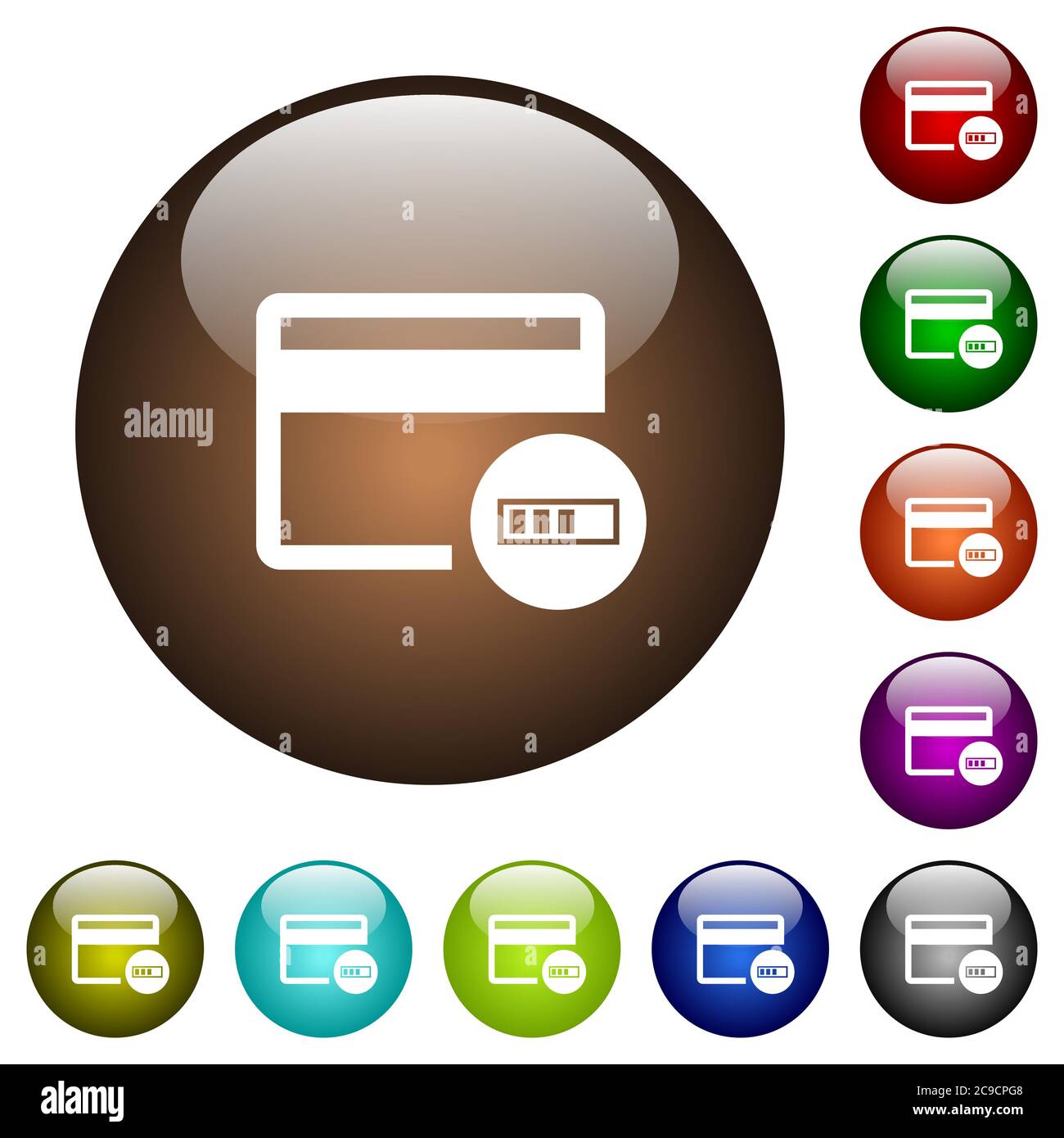 Verifying credit card white icons on round color glass buttons Stock ...