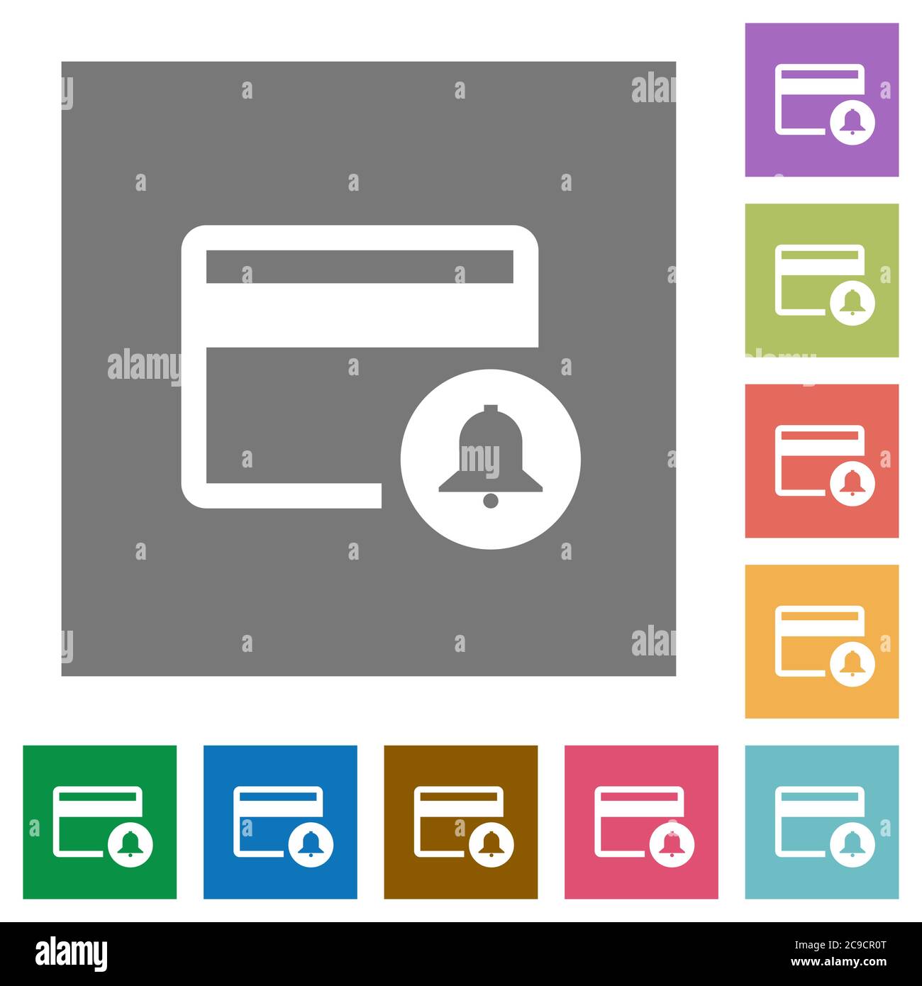 Credit card transaction alerts flat icons on simple color square ...
