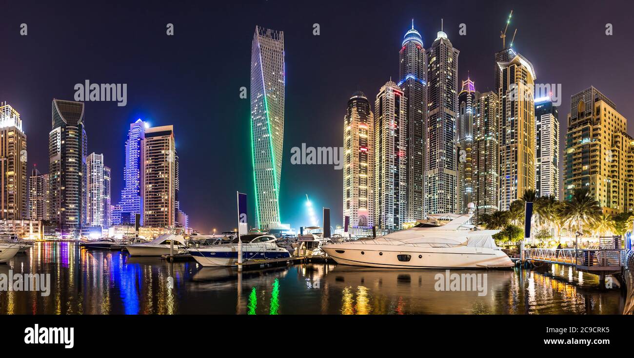 Dubai downtown night scene with city lights, luxury new high tech town ...