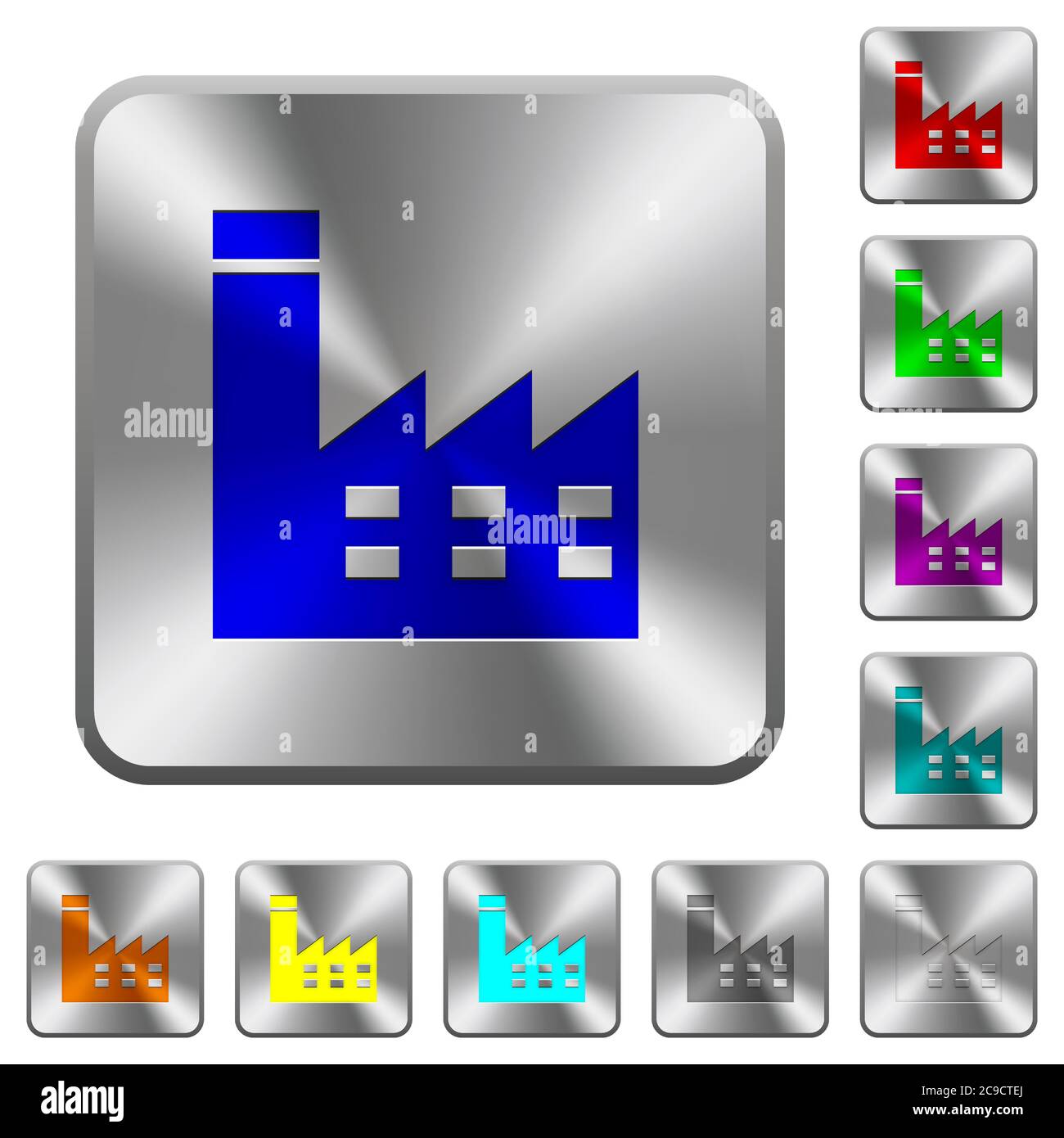 Factory building engraved icons on rounded square glossy steel buttons ...