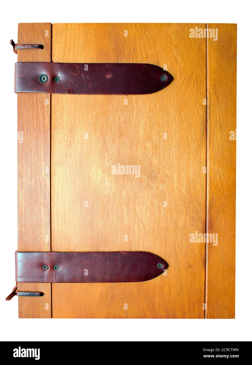 Book cover made of wood with leather hinges on an isolated white ...
