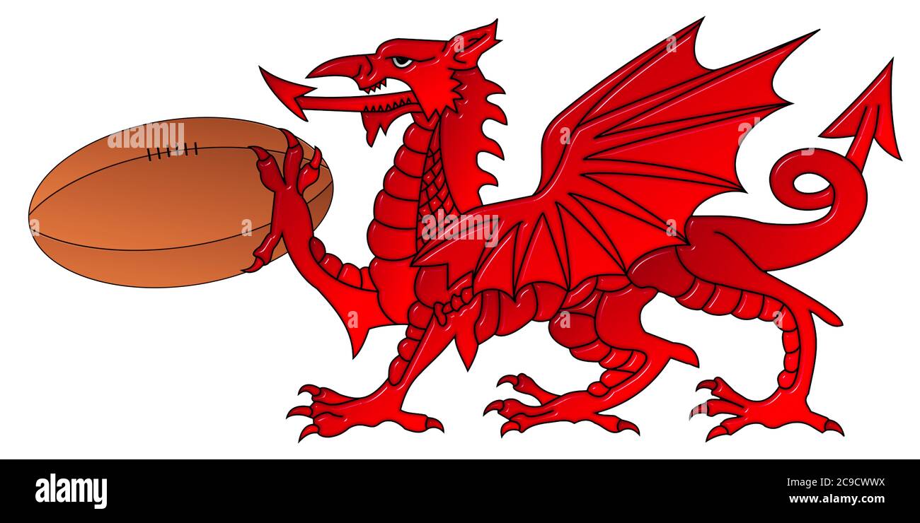 Welsh dragon illustration holding a rugby ball on an isolated white ...