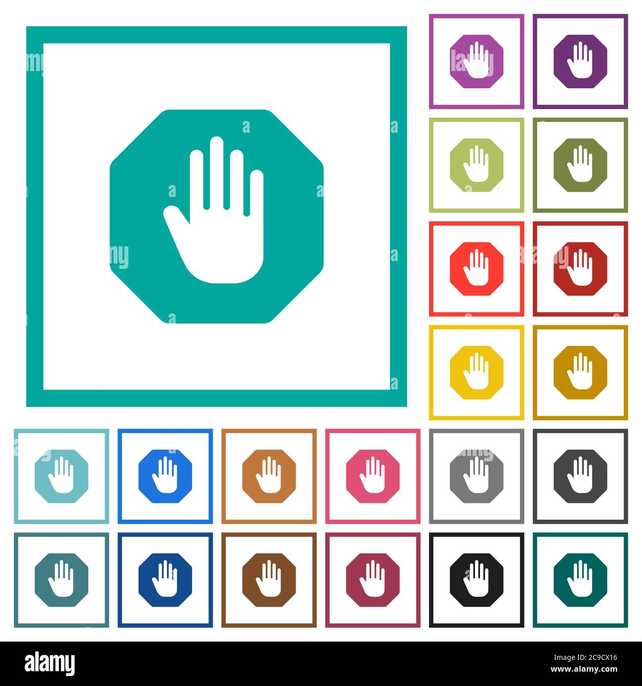 Octagon shaped stop sign flat color icons with quadrant frames on white ...