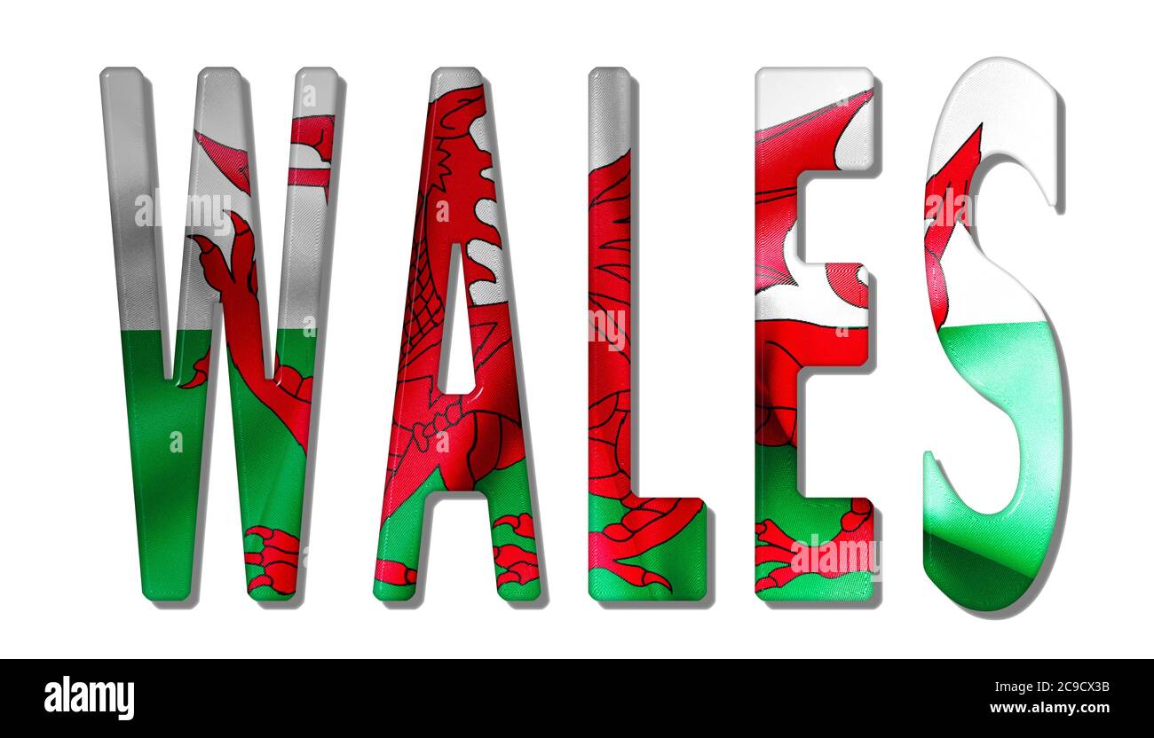 Wales word with a bevelled flag texture on an isolated white background ...