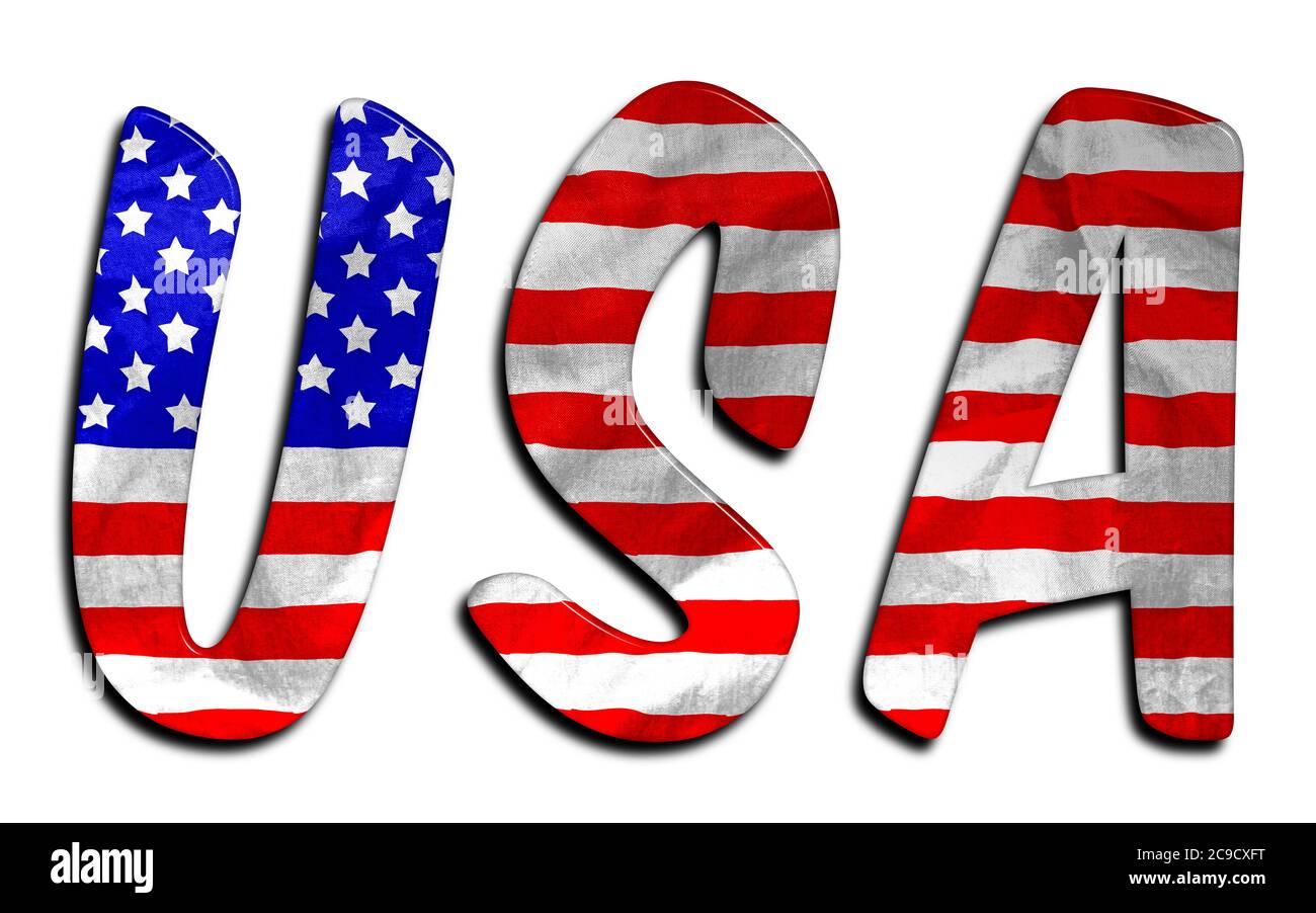 USA word with a beveled American flag texture on an isolated white ...