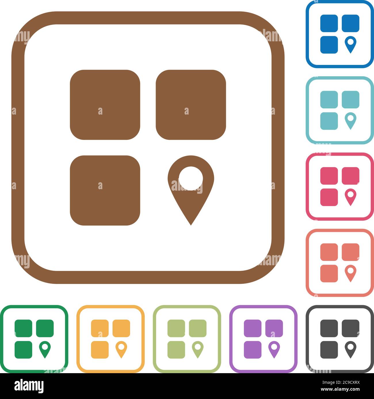 Component location simple icons in color rounded square frames on white ...
