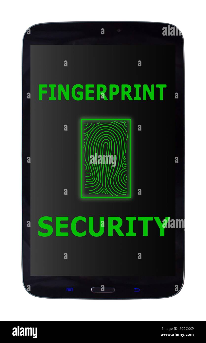 Mobile phone fingerprint security message on an isolated white ...