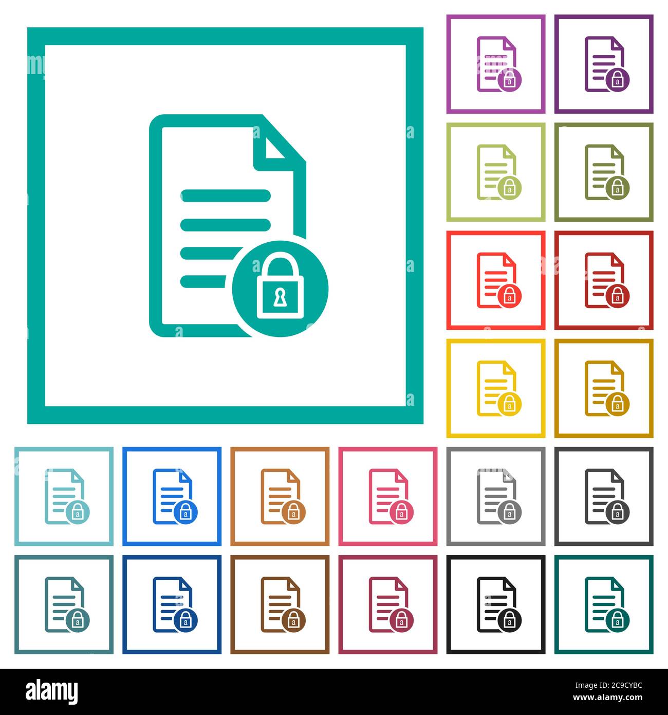 Locked document flat color icons with quadrant frames on white ...