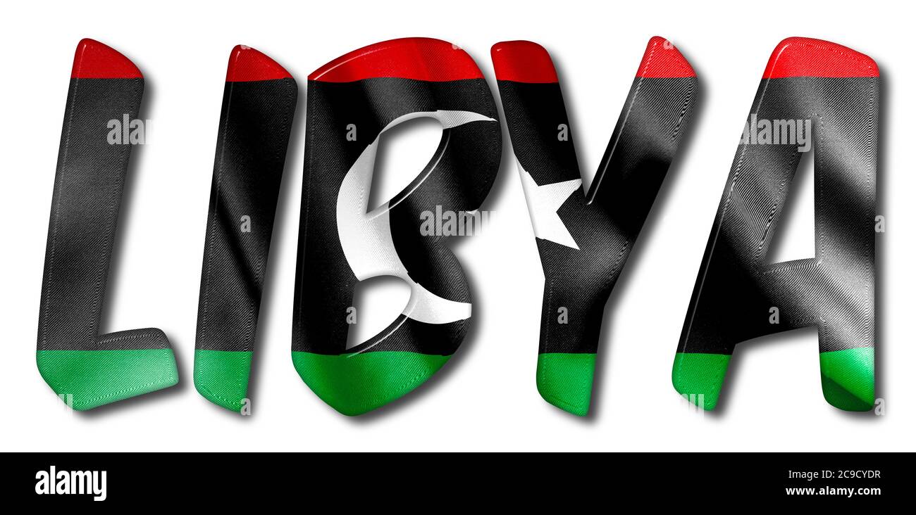 Libya word with a flag texture on an isolated white background Stock Photo - Alamy