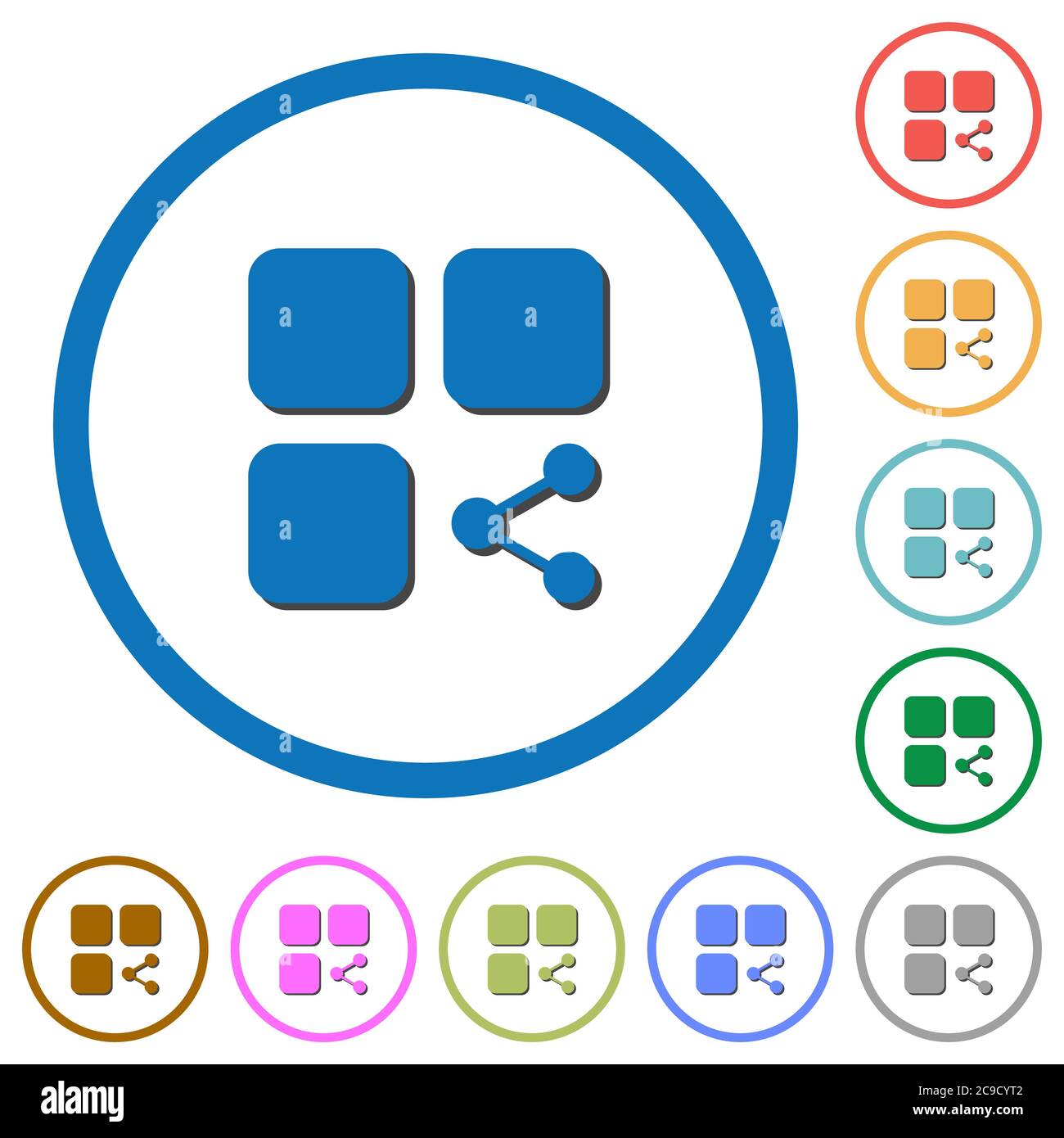 Share component flat color vector icons with shadows in round outlines ...