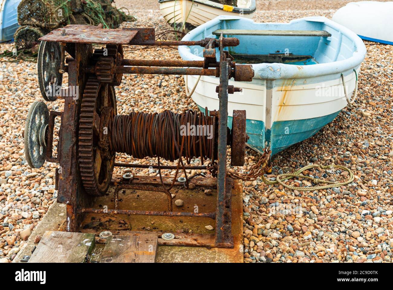 Rusted boat winch on the beach at Seaford, East Sussex, England Stock ...
