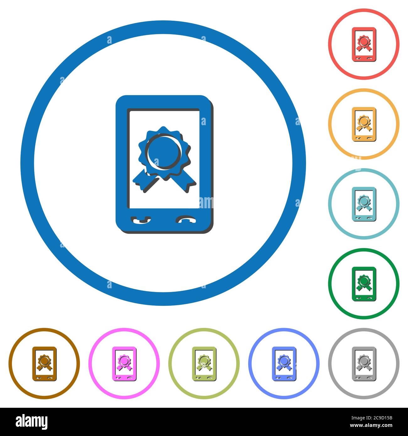 Mobile certification flat color vector icons with shadows in round outlines on white background ...