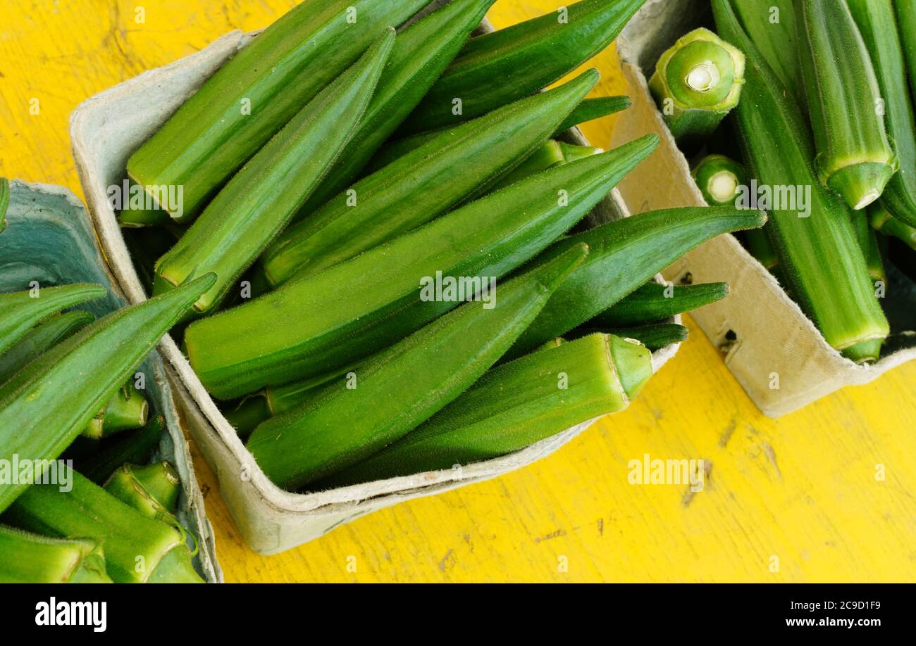 Containers of fresh green okra vegetables grown in New Jersey Stock ...