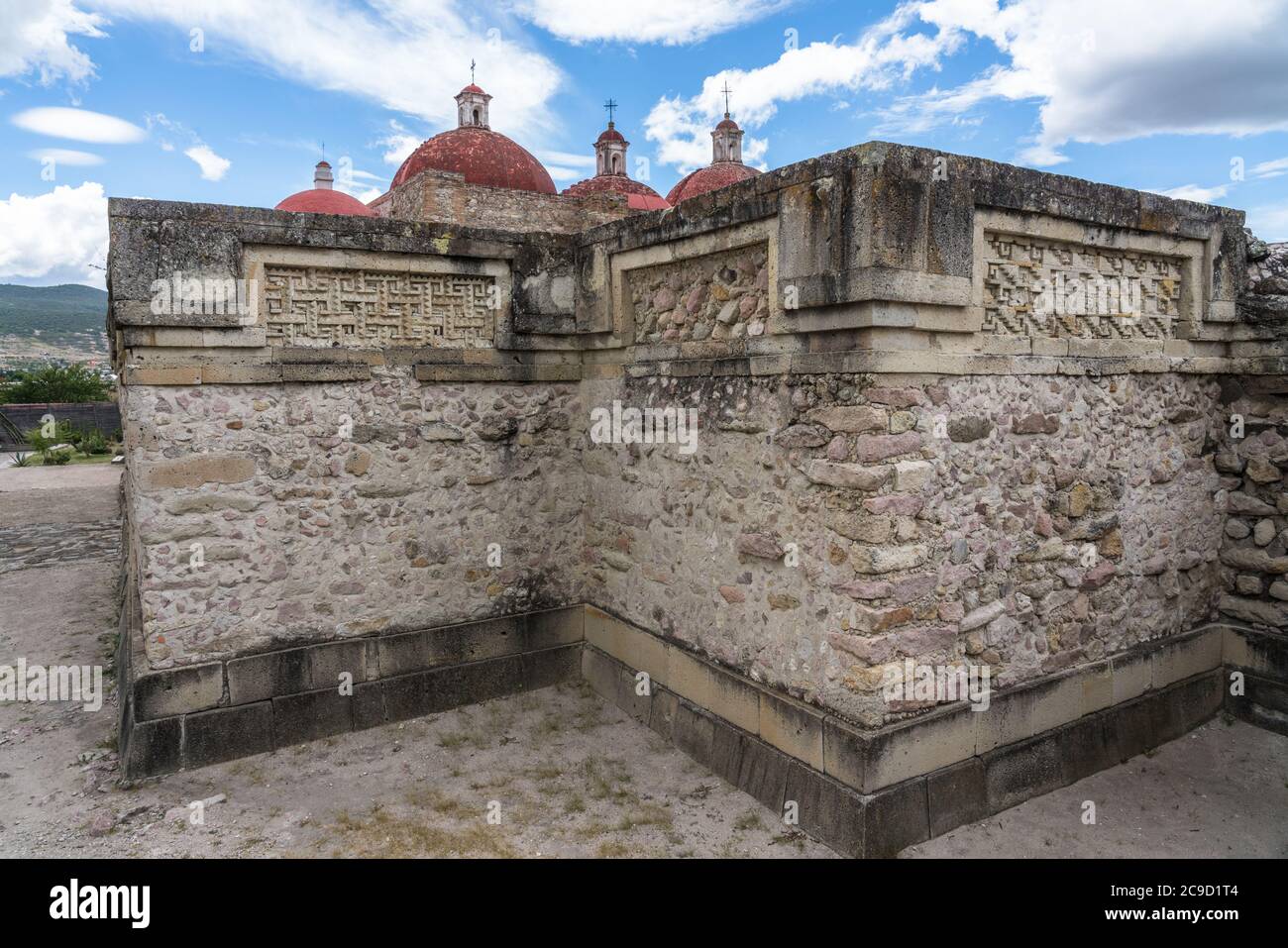 Stone fretwork panels in the ruins of the Zapotec city of Mitla. In the ...