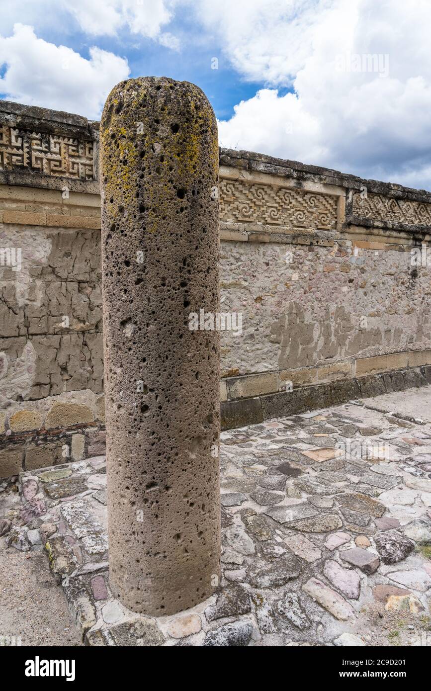 A stone pillar in the ruins of the Zapotec city of Mitla. Oaxaca ...