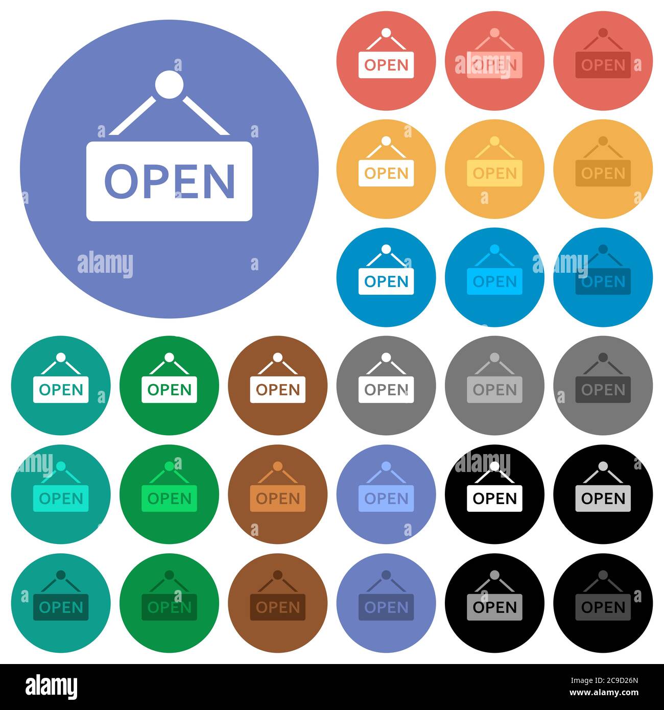 Open sign multi colored flat icons on round backgrounds. Included white ...