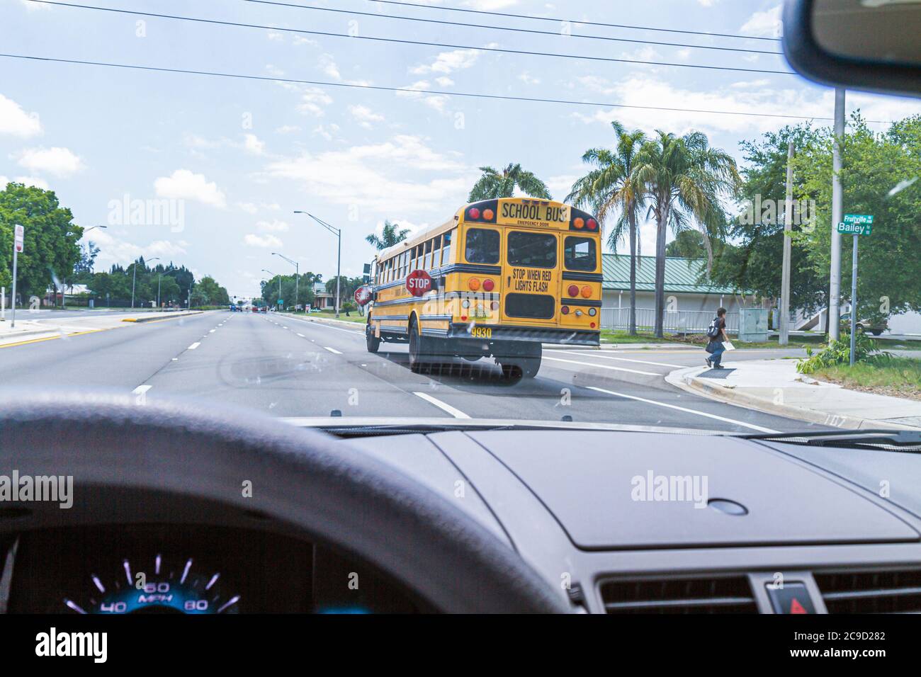 Sarasota Florida,school bus,coach,stopped,view through windshield ...