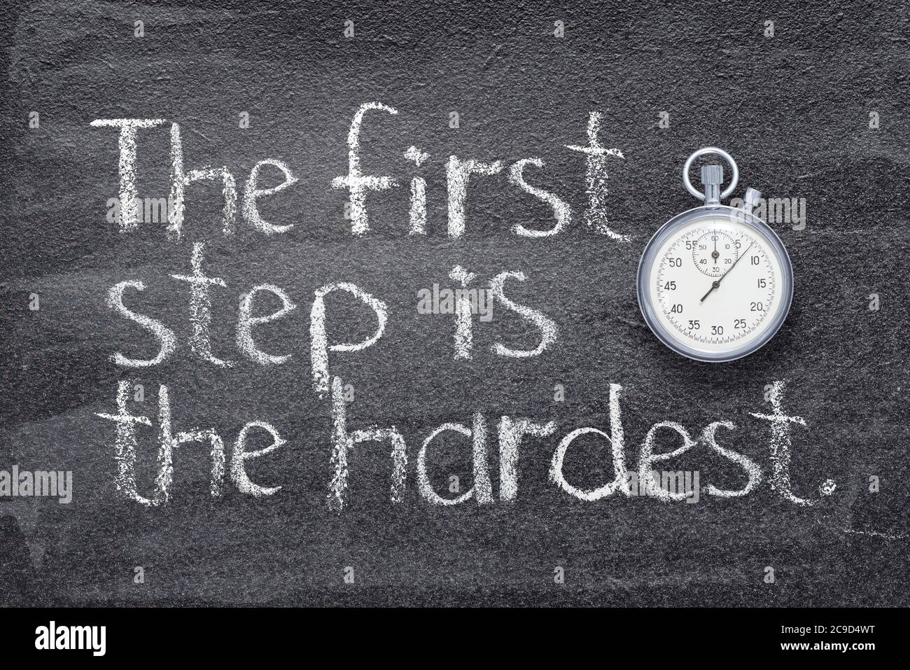 The first step is the hardest English proverb written on chalkboard ...