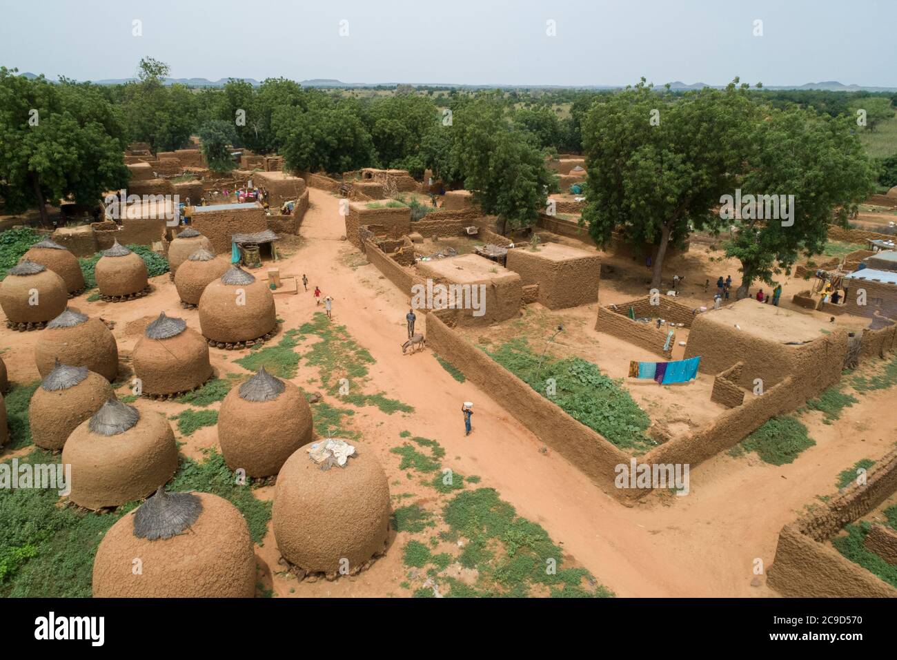 Aerial view of a traditional African village with mud-constructed ...