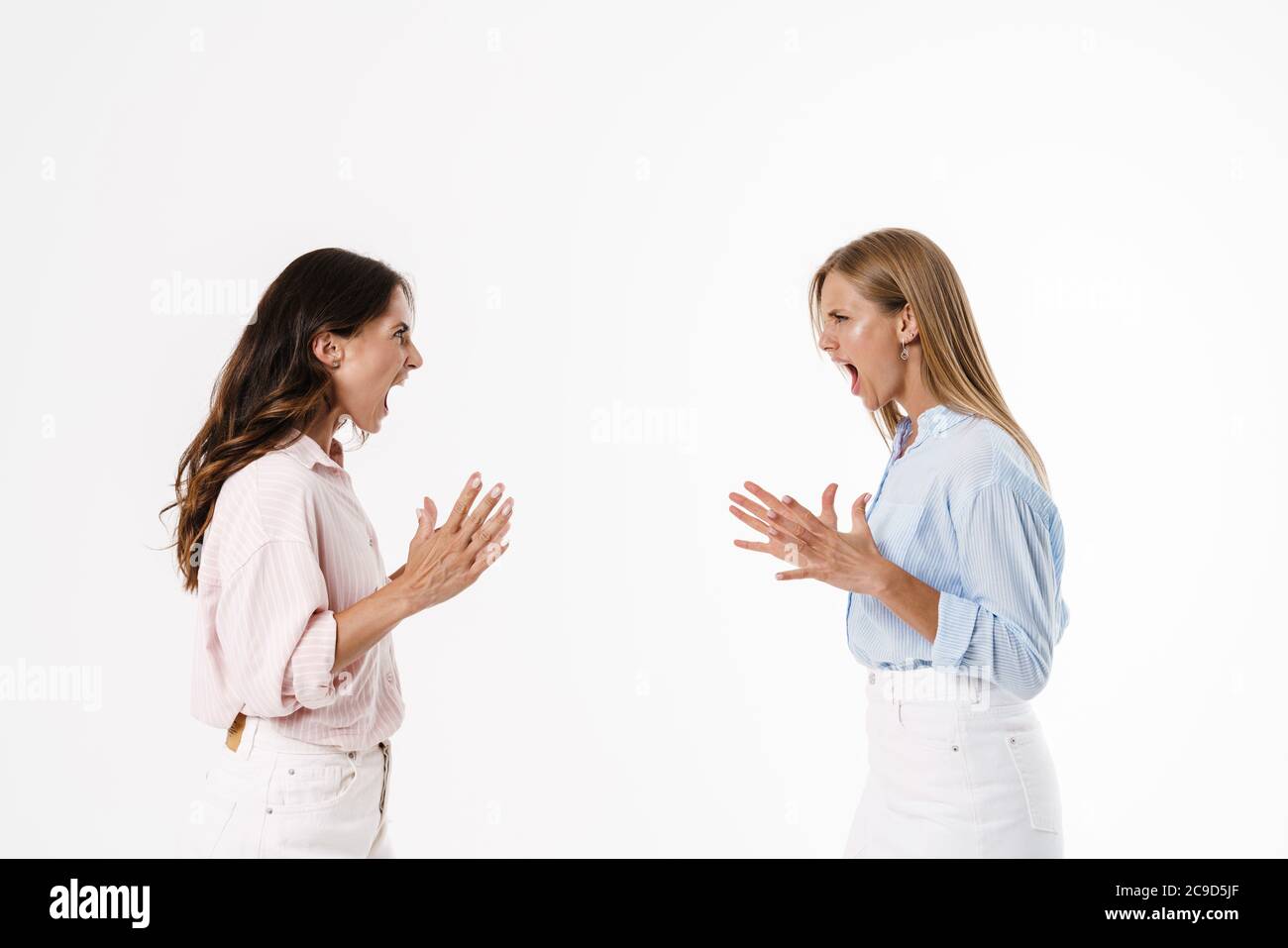 Image of furious caucasian two women screaming at each other while ...