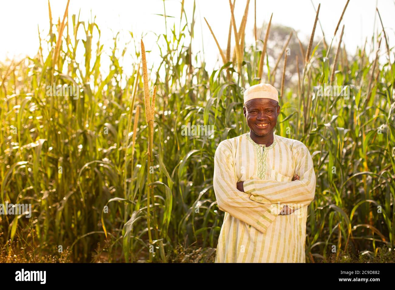 A millet farmer stands in his fields on his farm in Tahoua Region ...