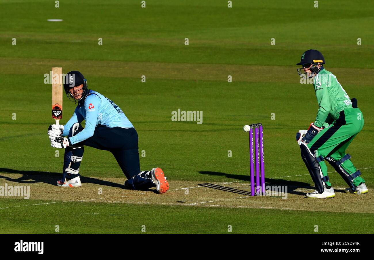 England's Tom Banton bats as Ireland wicketkeeper Lorcan Tucker looks ...