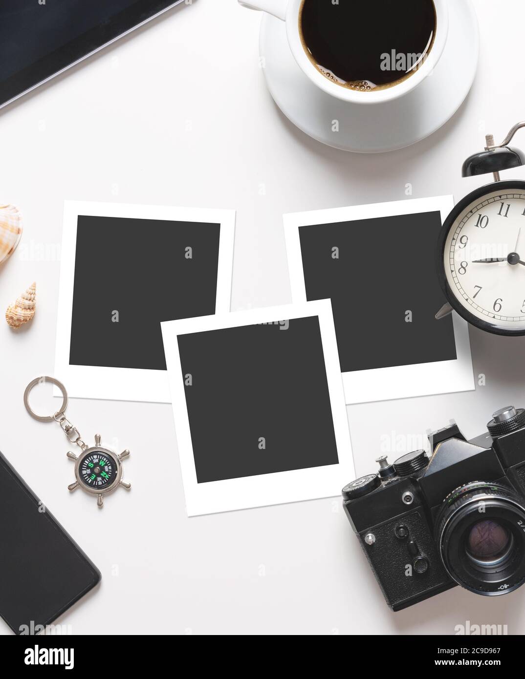 Blank photo frames. Printed photographs, photo lab concept, top view ...