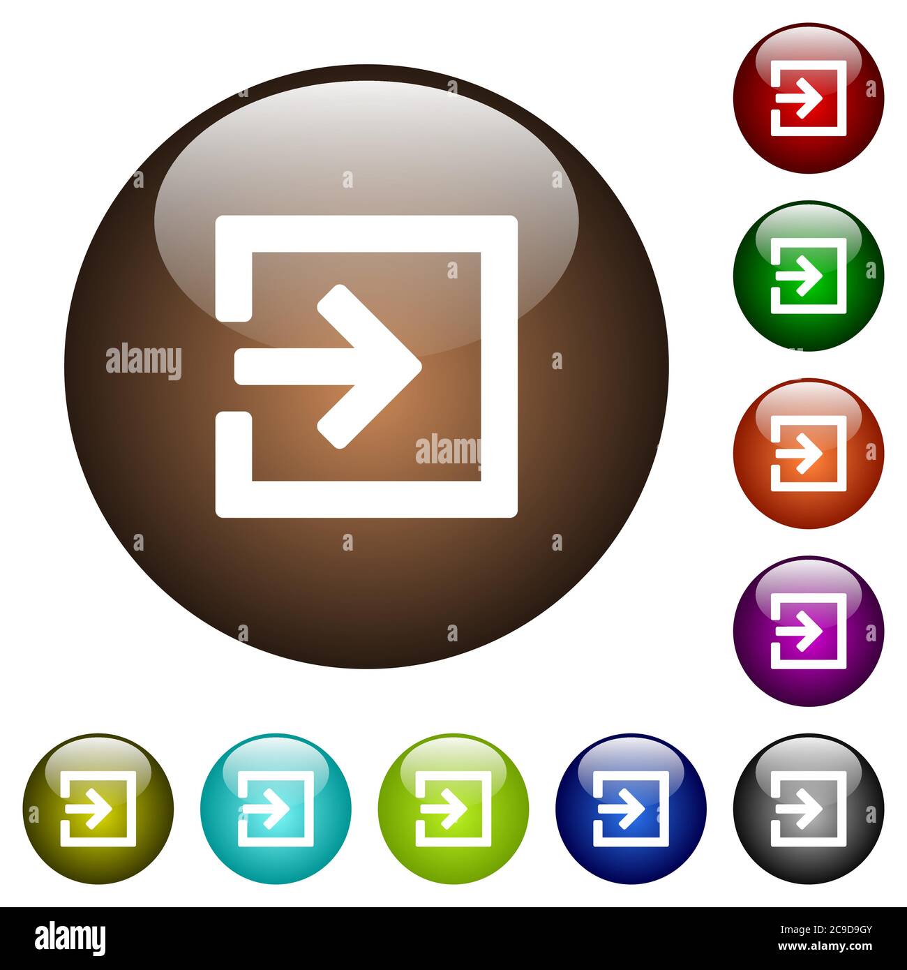 Import with inside arrow white icons on round color glass buttons Stock ...