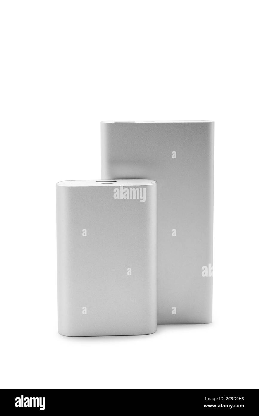 Two silver power banks on white background Stock Photo - Alamy