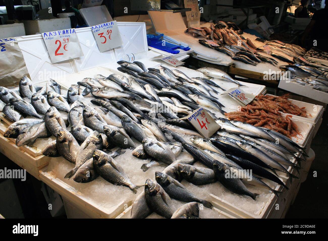 Stalls with sea food at fish market in Athens, Greece, July 27 2020 ...