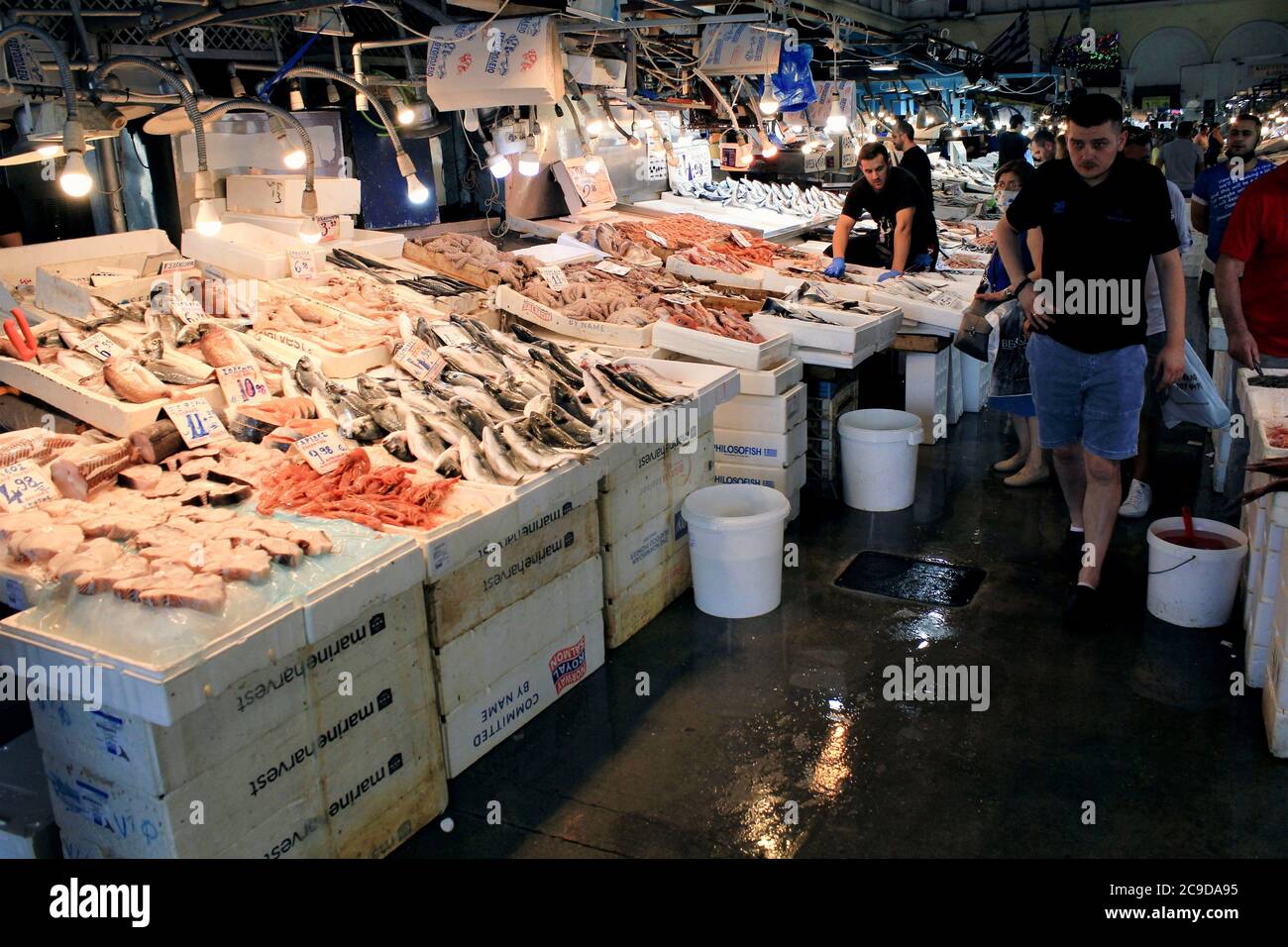 Stalls with sea food at fish market in Athens, Greece, July 27 2020 ...