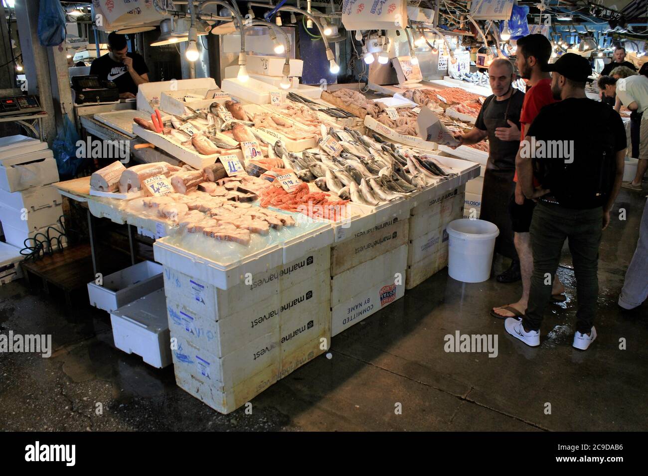 Stalls with sea food at fish market in Athens, Greece, July 27 2020 ...