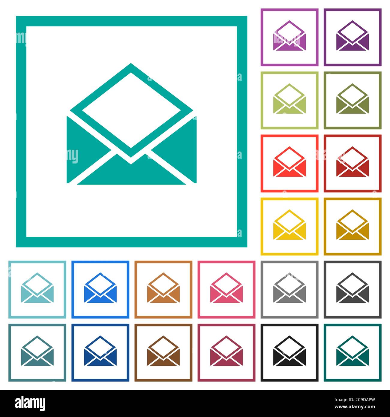Open mail flat color icons with quadrant frames on white background ...