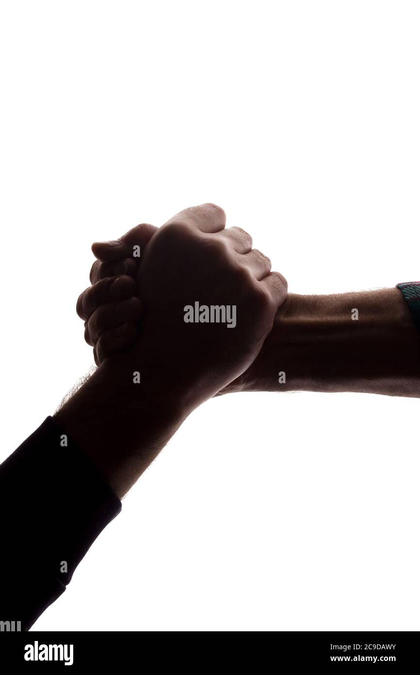 The outstretched hands of young and elderly men, salvation, help ...