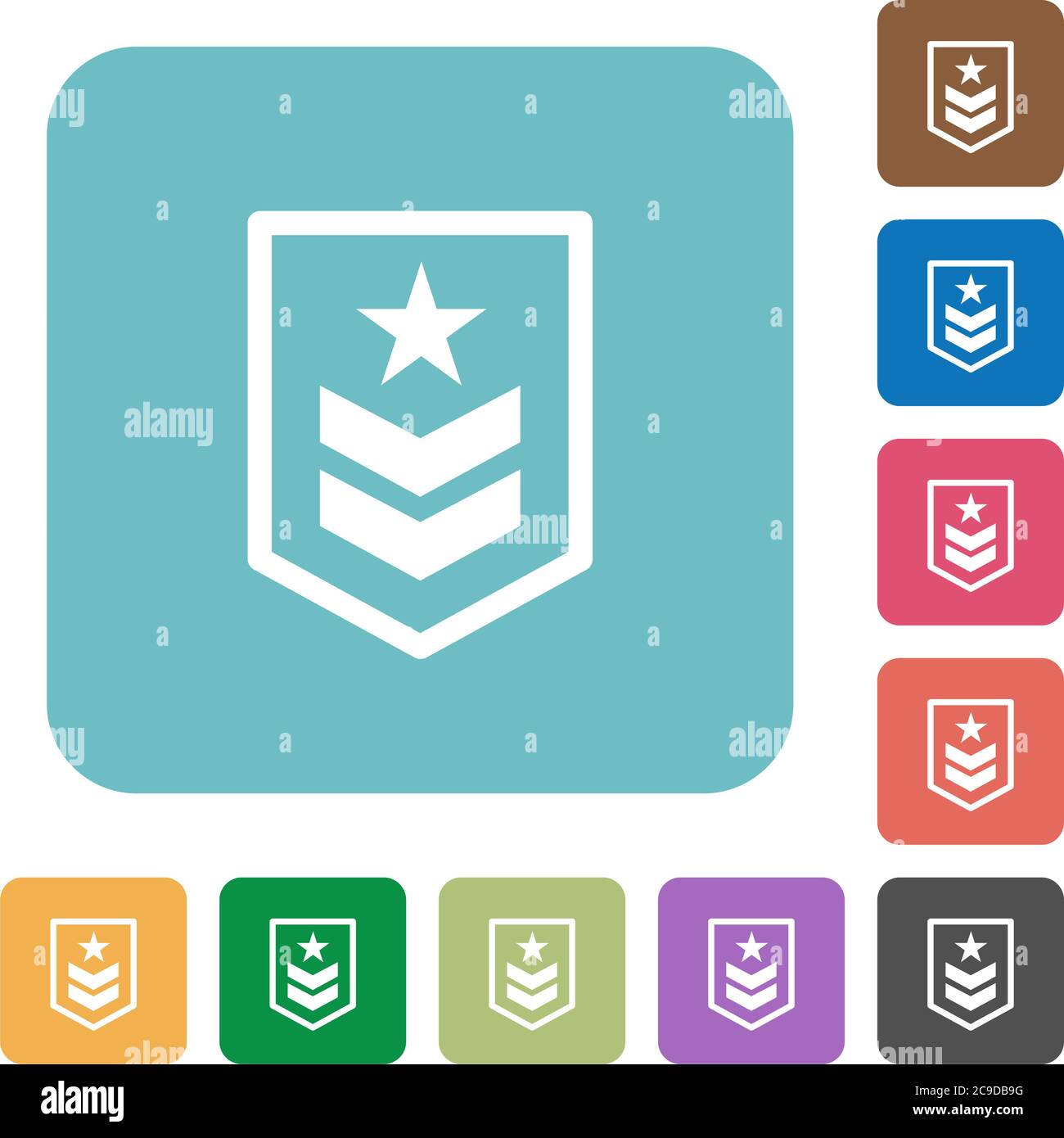 Military rank white flat icons on color rounded square backgrounds ...