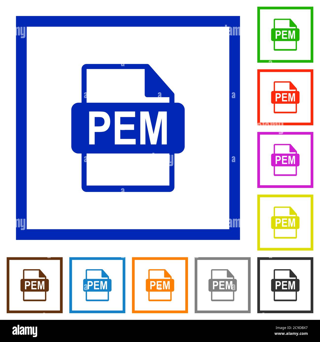 PEM file format flat color icons in square frames on white background ...