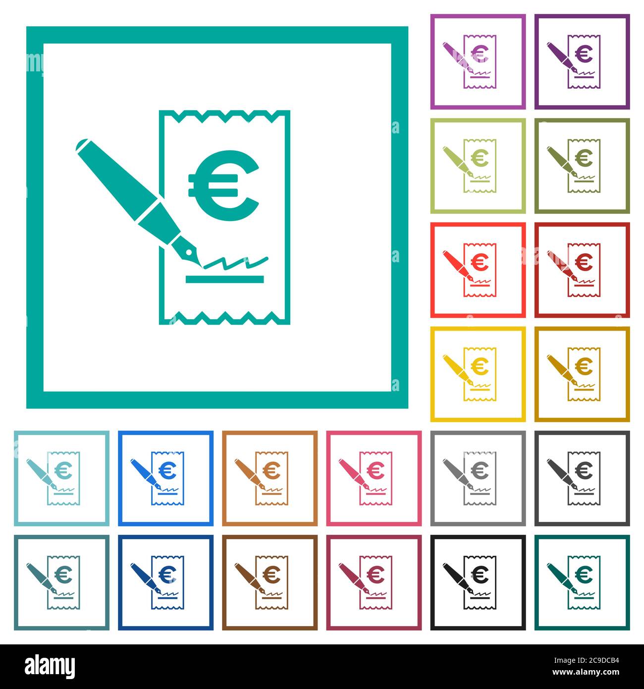 Signing Euro cheque flat color icons with quadrant frames on white ...