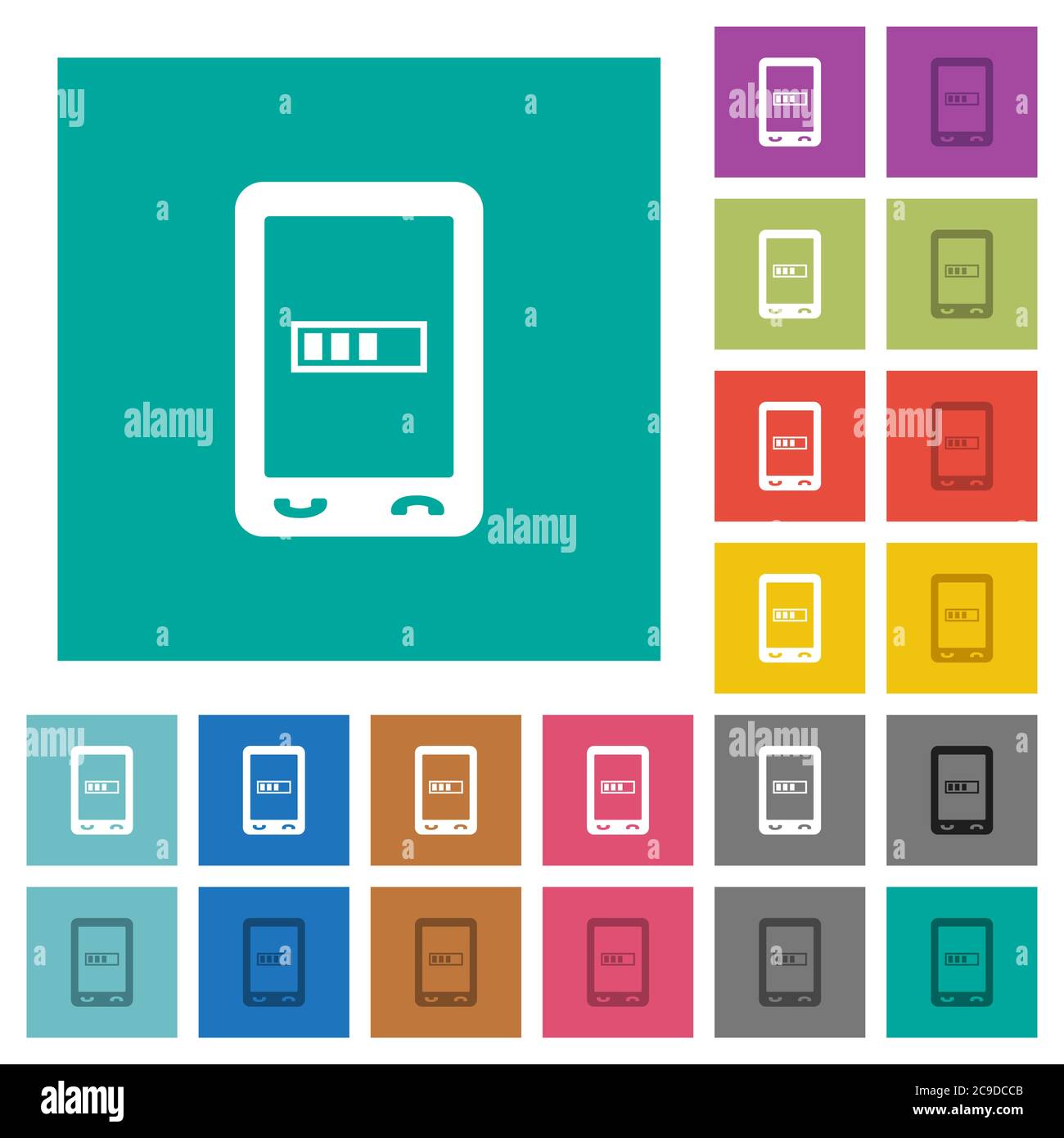 Mobile processing multi colored flat icons on plain square backgrounds ...