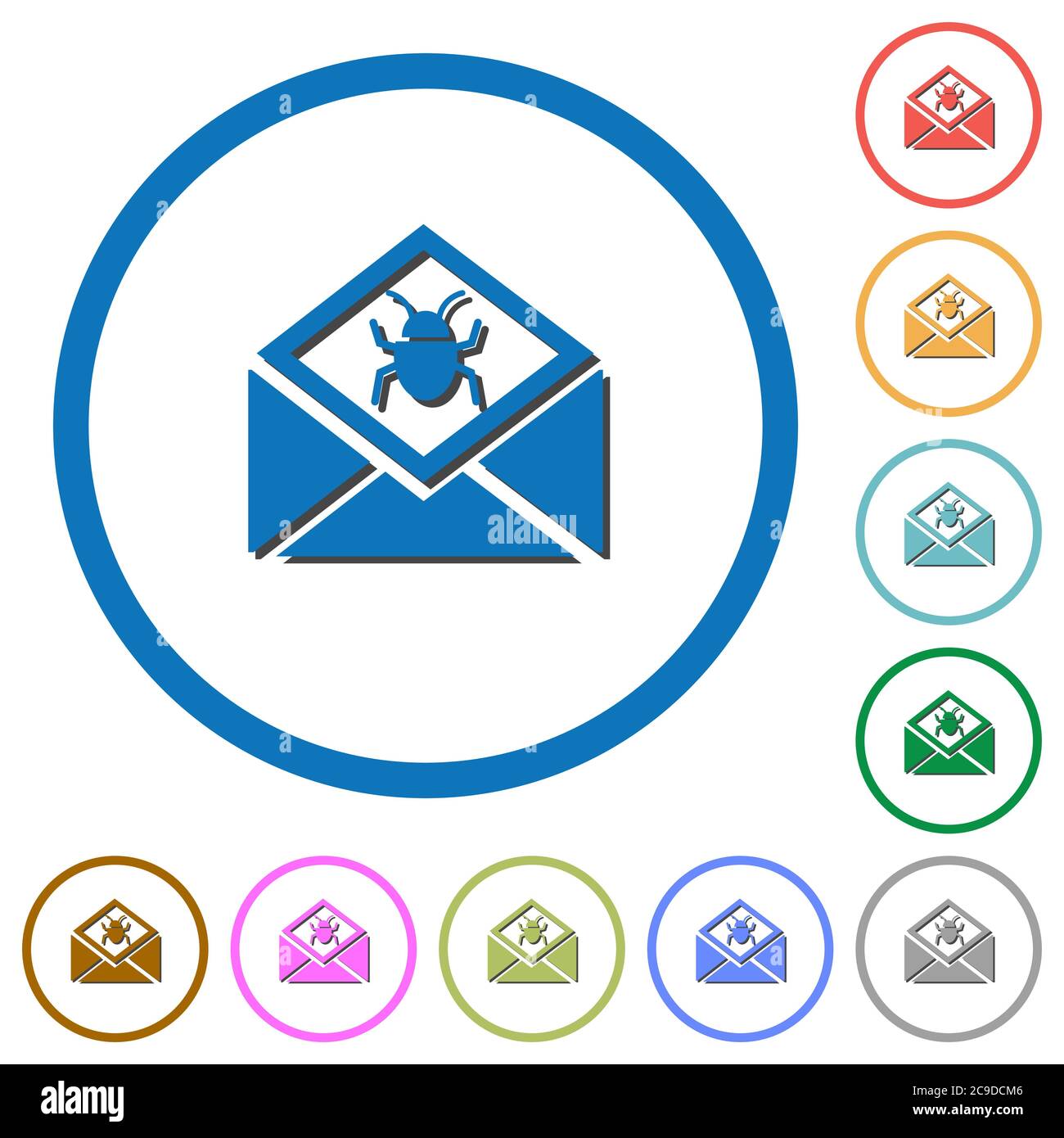 Open mail with malware symbol flat color vector icons with shadows in ...