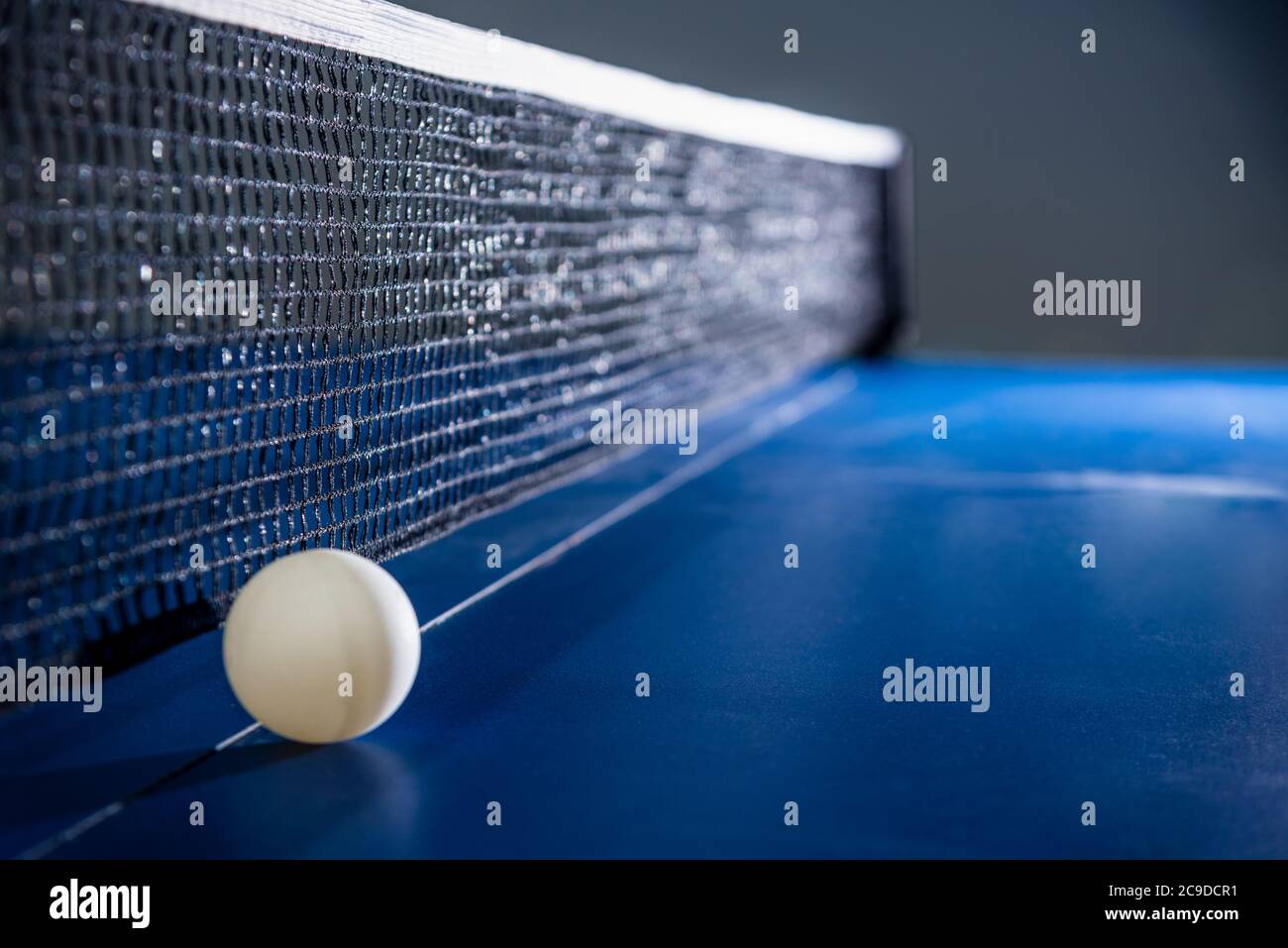 Closeup one white ball on the blue ping pong table with a black net ...