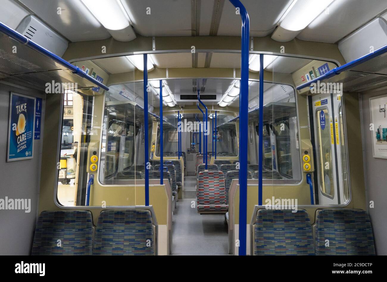Inside an emply class 315 train at Liverpool Street Station in London ...