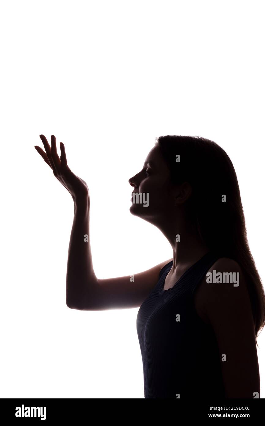 Young woman shows his index finger, hand forward - silhouette Stock ...