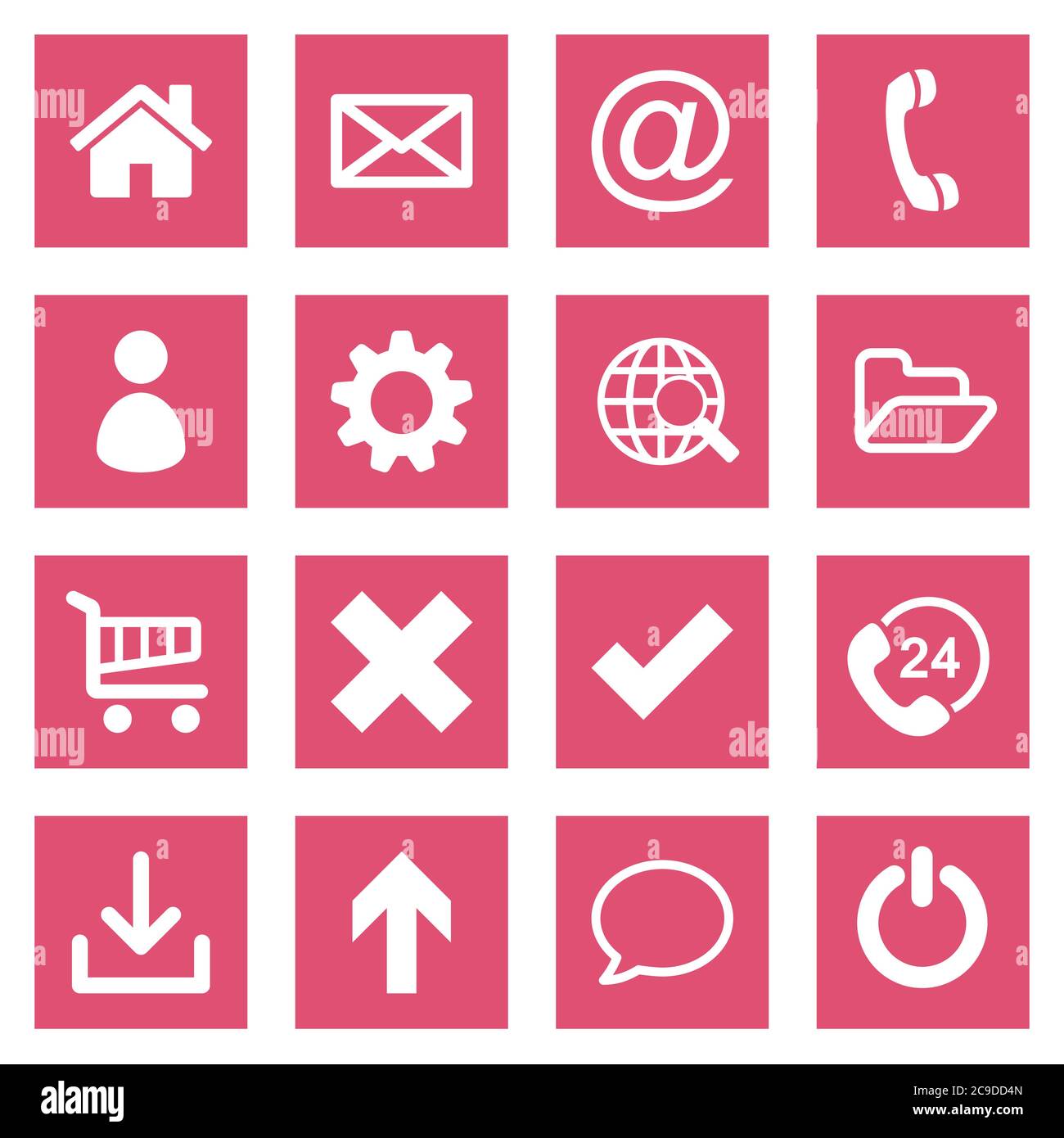 Set of 16 white flat basic web icon collection on magenta colored ...
